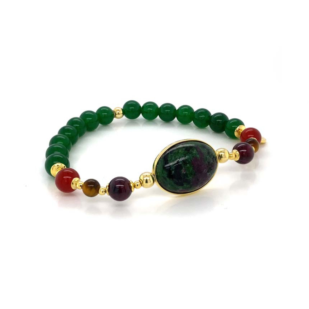 RUBY ZOISITE BRACELET WITH RUBY, TIGER EYE, RED AGATE AND GREEN JADE
